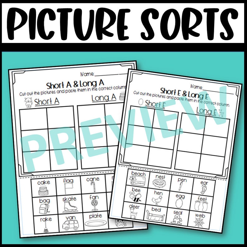 Long and Short Vowel Sorts A, E, I, O, and U: Kindergarten First Grade ...