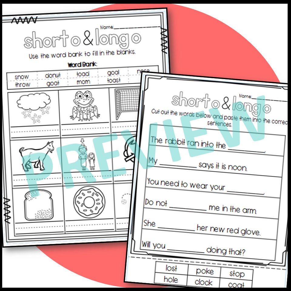 Long O and Short O Worksheets: Cut and Paste Sorts, Cloze, Read and ...