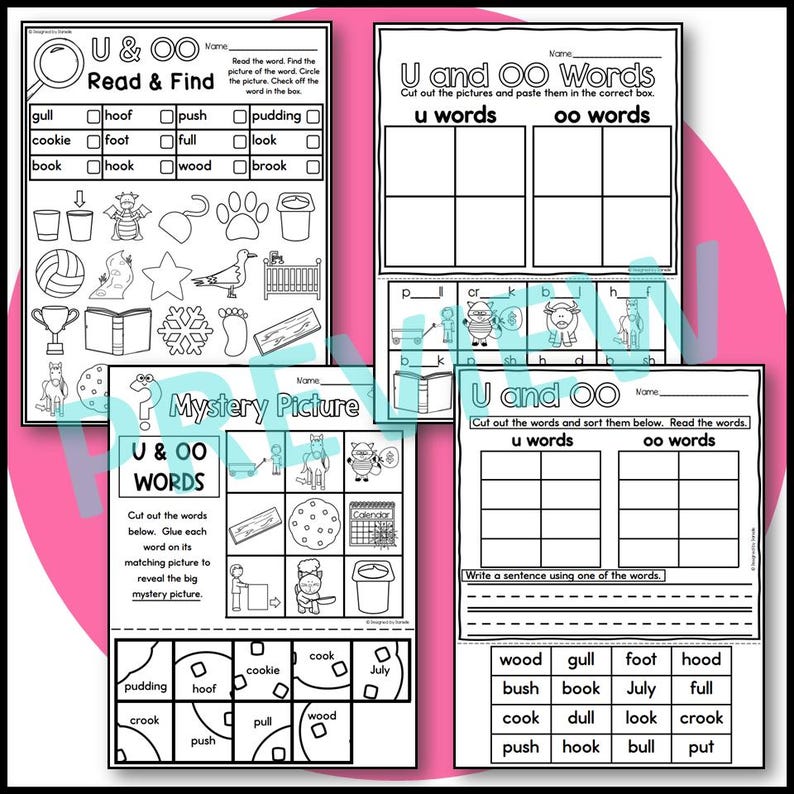 U and OO Worksheets: Word Sorts, Picture Sorts, Cloze, Matching, Color ...