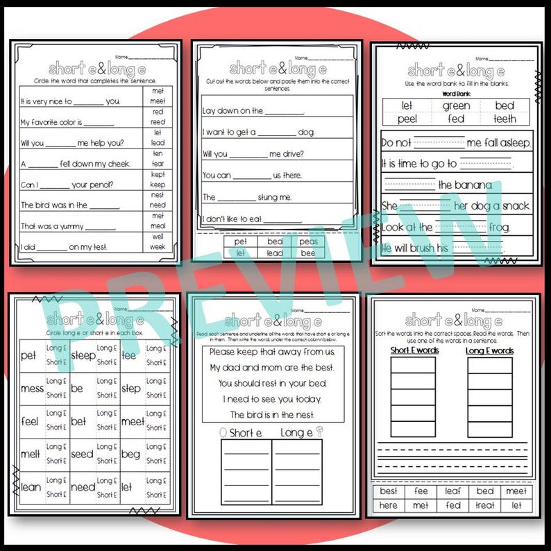 Long E and Short E Worksheets: Cut and Paste Sorts, Cloze, Sentences ...