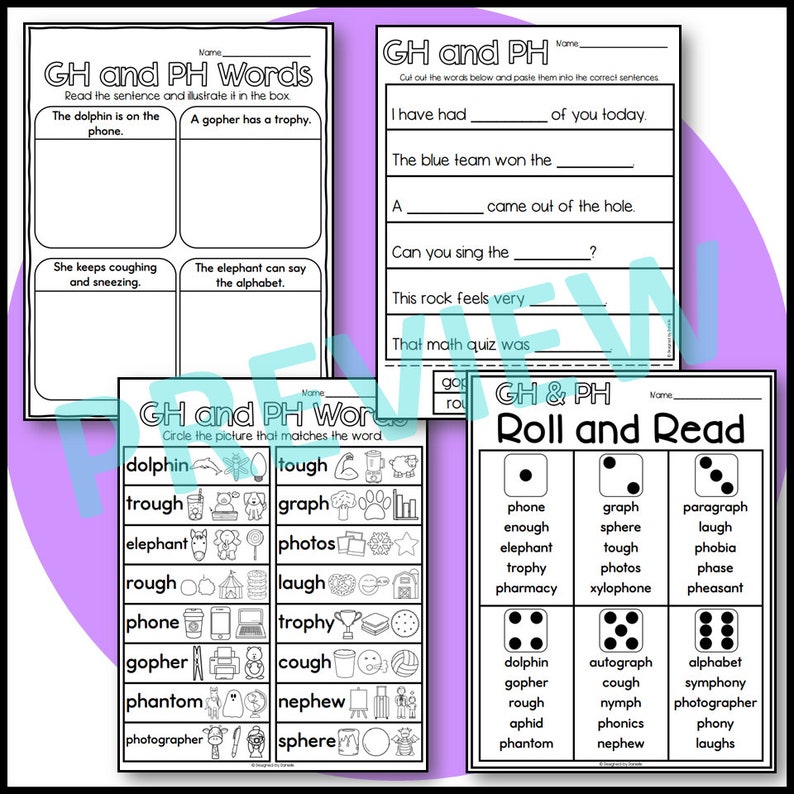PH and GH Worksheets: Cut and Paste Sorts, Cloze, Read and Draw Instant ...