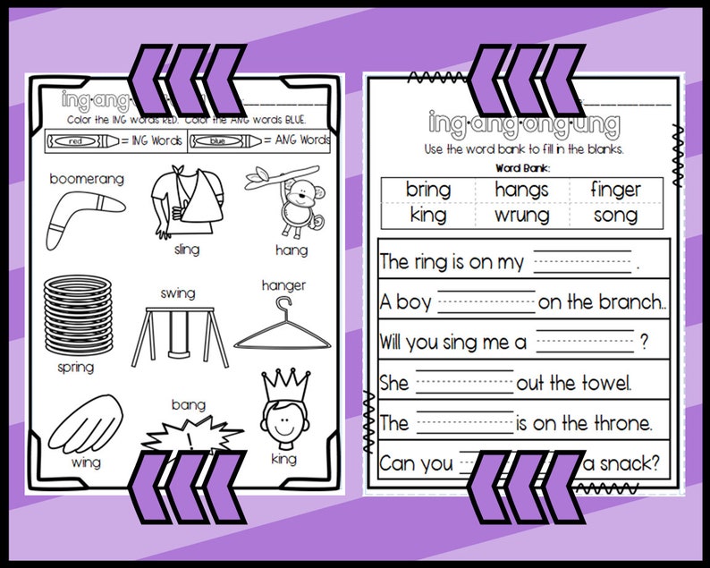 Ing Ang Ong and Ung Phonics Worksheets: Printable First Grade - Etsy