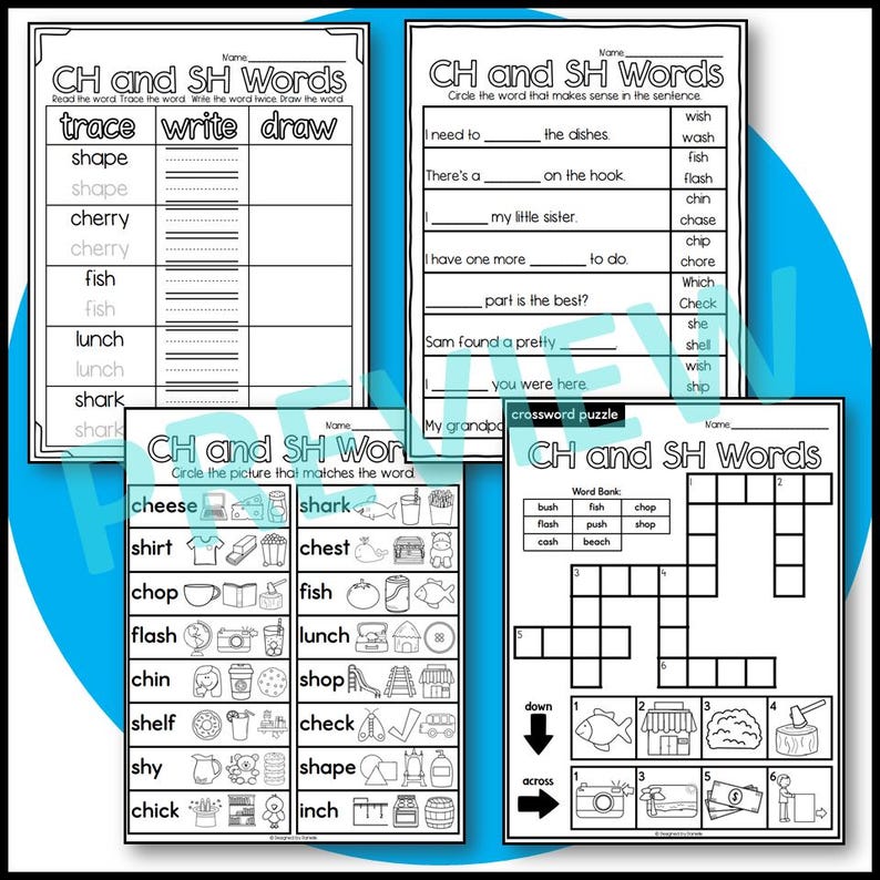 SH and CH Worksheets: Word and Picture Sorts, Cloze, I Spy, Color by ...