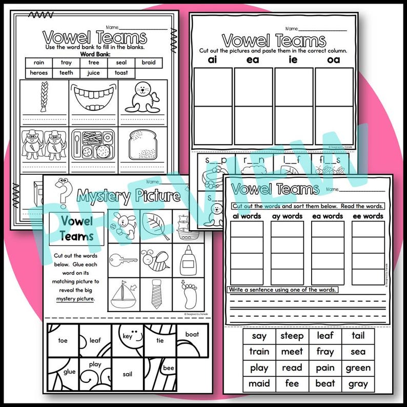 Vowel Teams Worksheets: Double Vowels Picture & Word Sorts Cloze ...