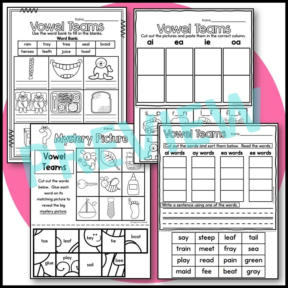 Vowel Teams Worksheets: Double Vowels Picture & Word Sorts Cloze ...