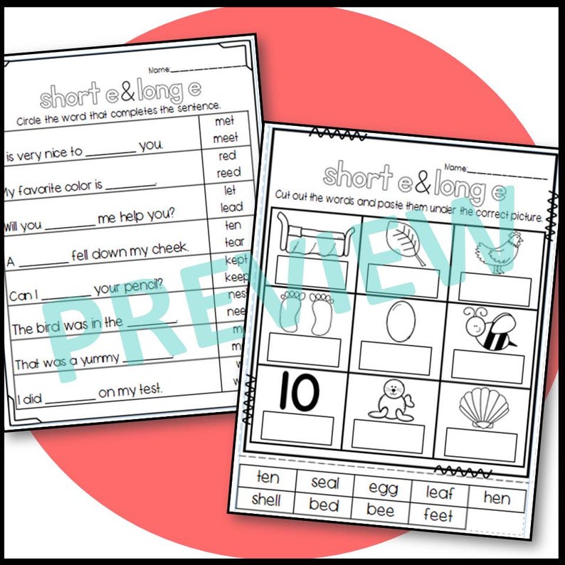 Long E and Short E Worksheets: Cut and Paste Sorts, Cloze, Sentences ...