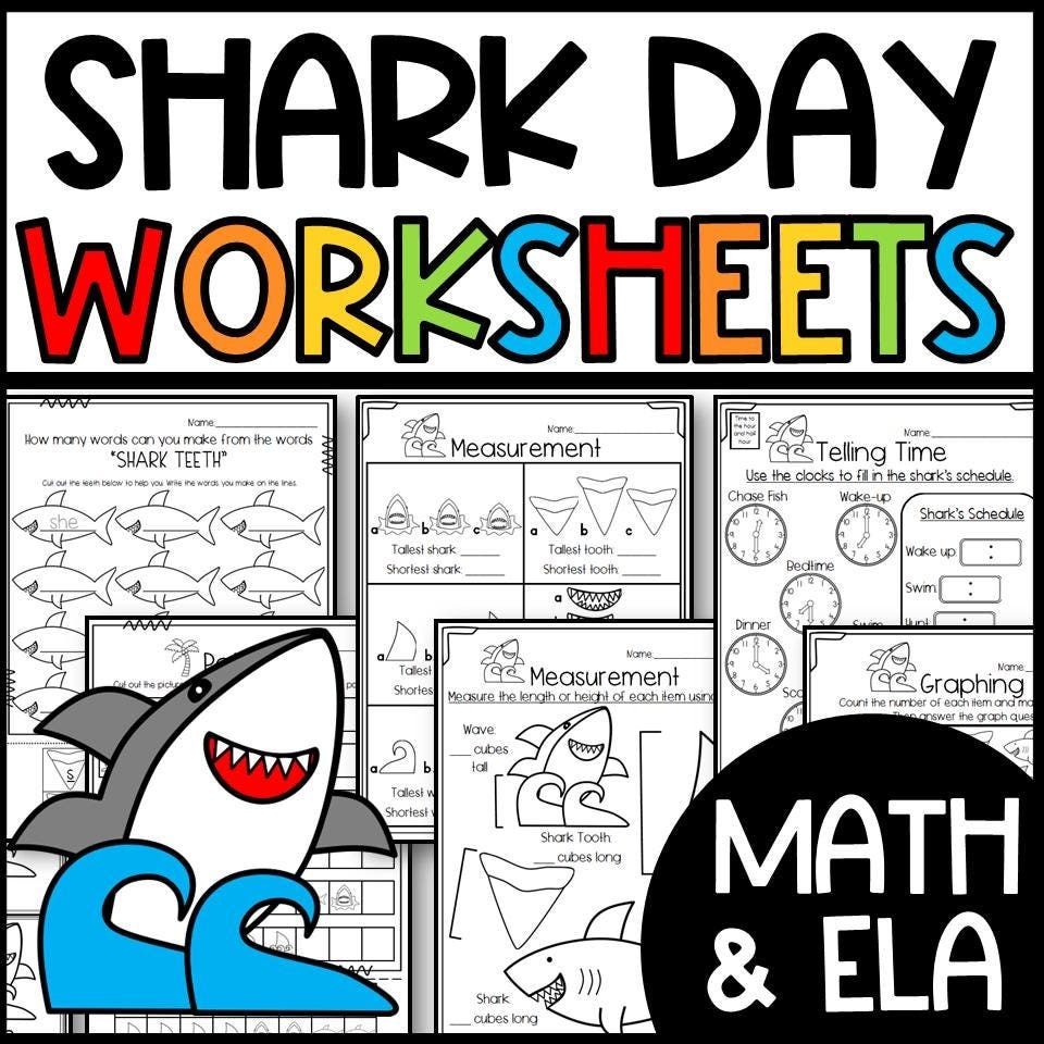 Shark Day Themed Activities and Worksheets: Back to School Review Math ...