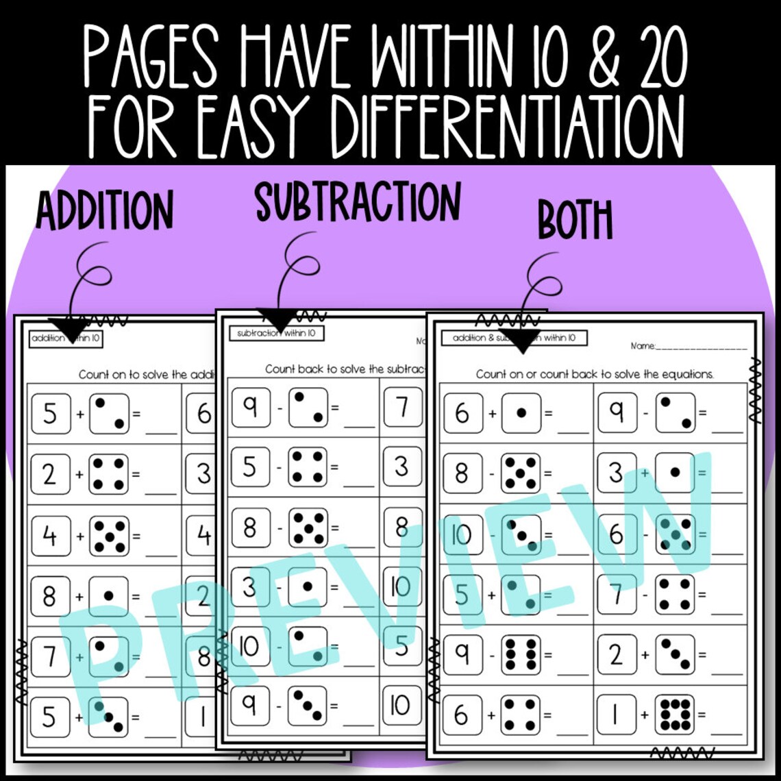 Counting on to Add and Counting Back to Subtract Worksheets: First ...