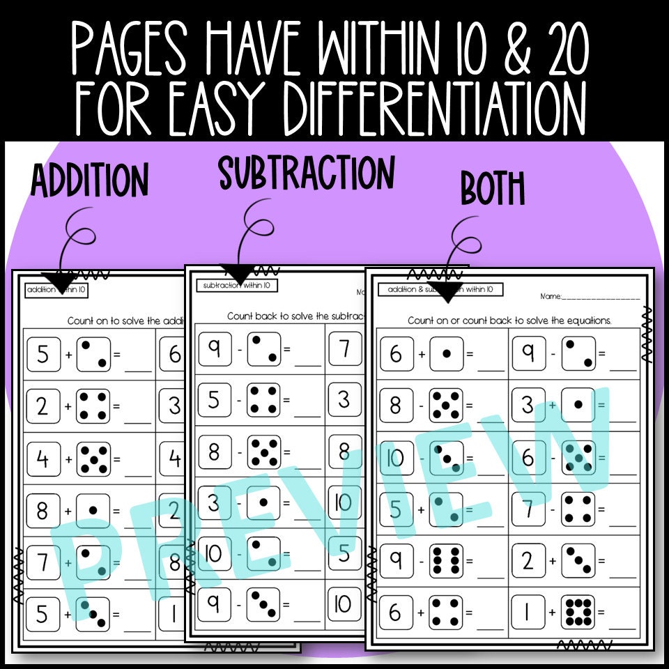 Counting on to Add and Counting Back to Subtract Worksheets: First ...