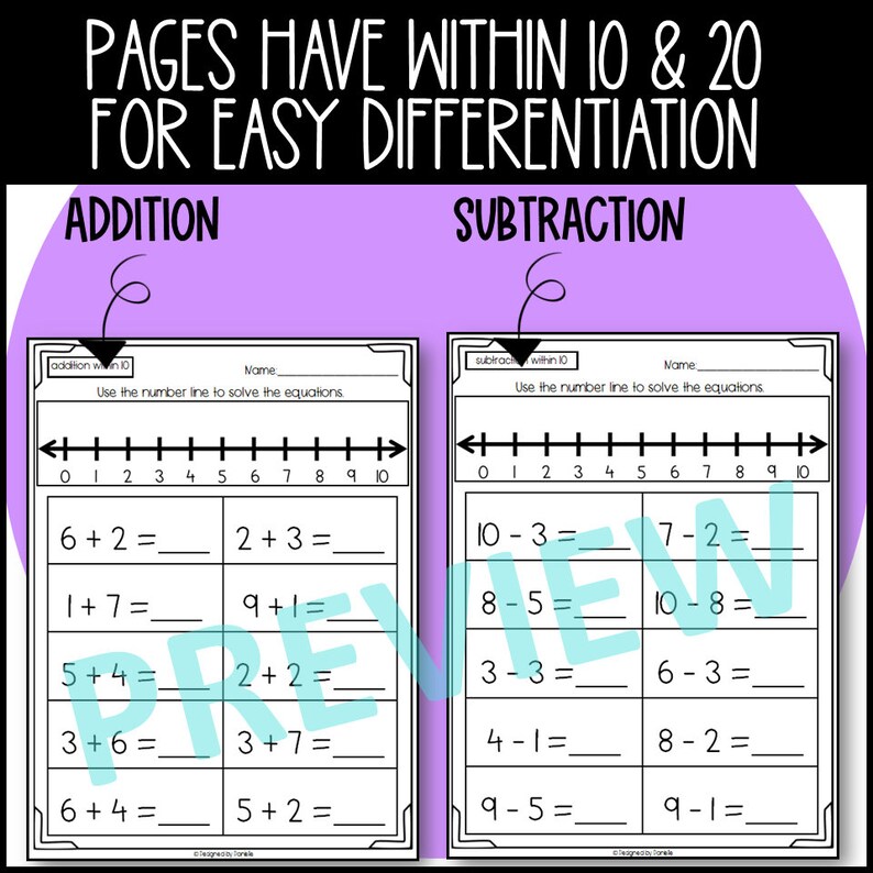 Counting on to Add and Counting Back to Subtract Worksheets: First ...