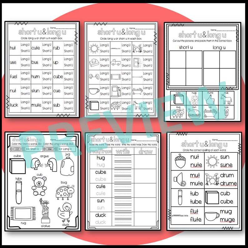 Long U and Short U Worksheets: Cut and Paste Sorts, Cloze, Read and ...