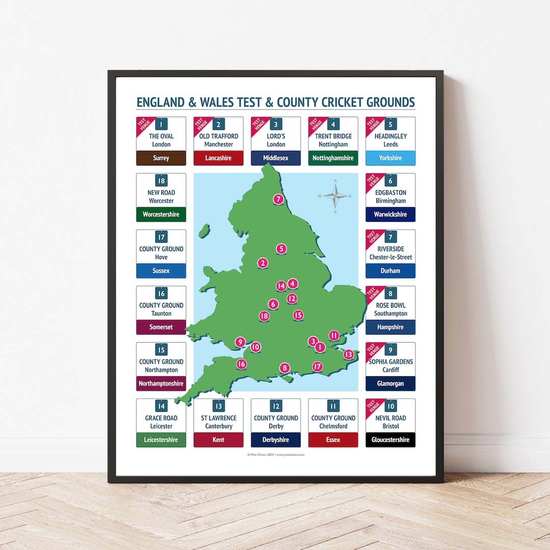 England & Wales Cricket Grounds Map Art Print: Cricket Fan Gift - Etsy