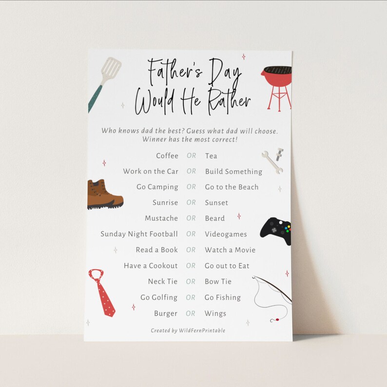 Father's Day Printable Game | Would He Rather | Fun Father's Day Kids ...