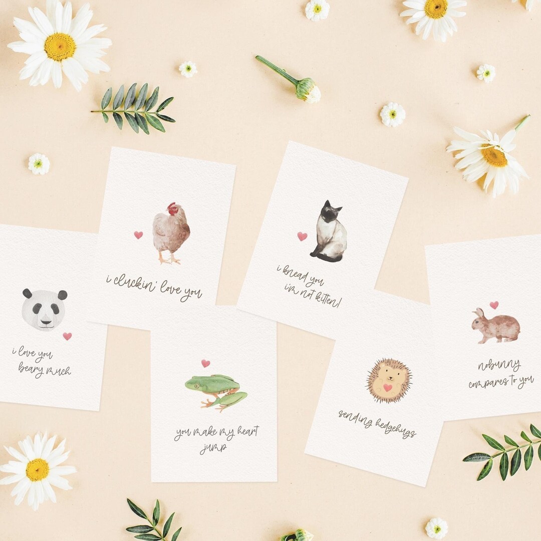 Printable Valentine Mini Card Set Cute Punny Animals Cat Bear Hedgehog ...