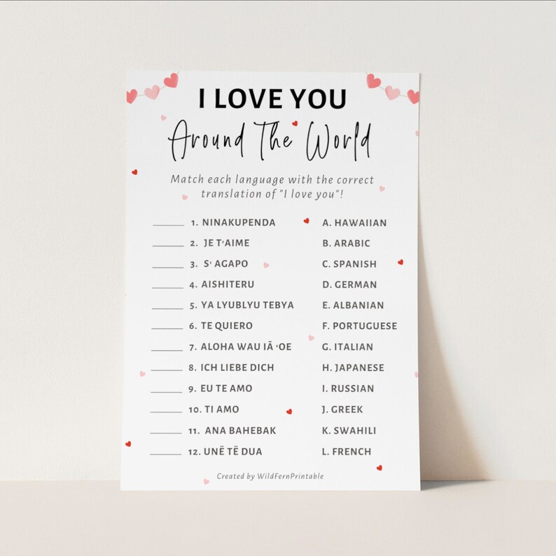 Valentine's Day Printable Game | I Love You Around the World Language ...