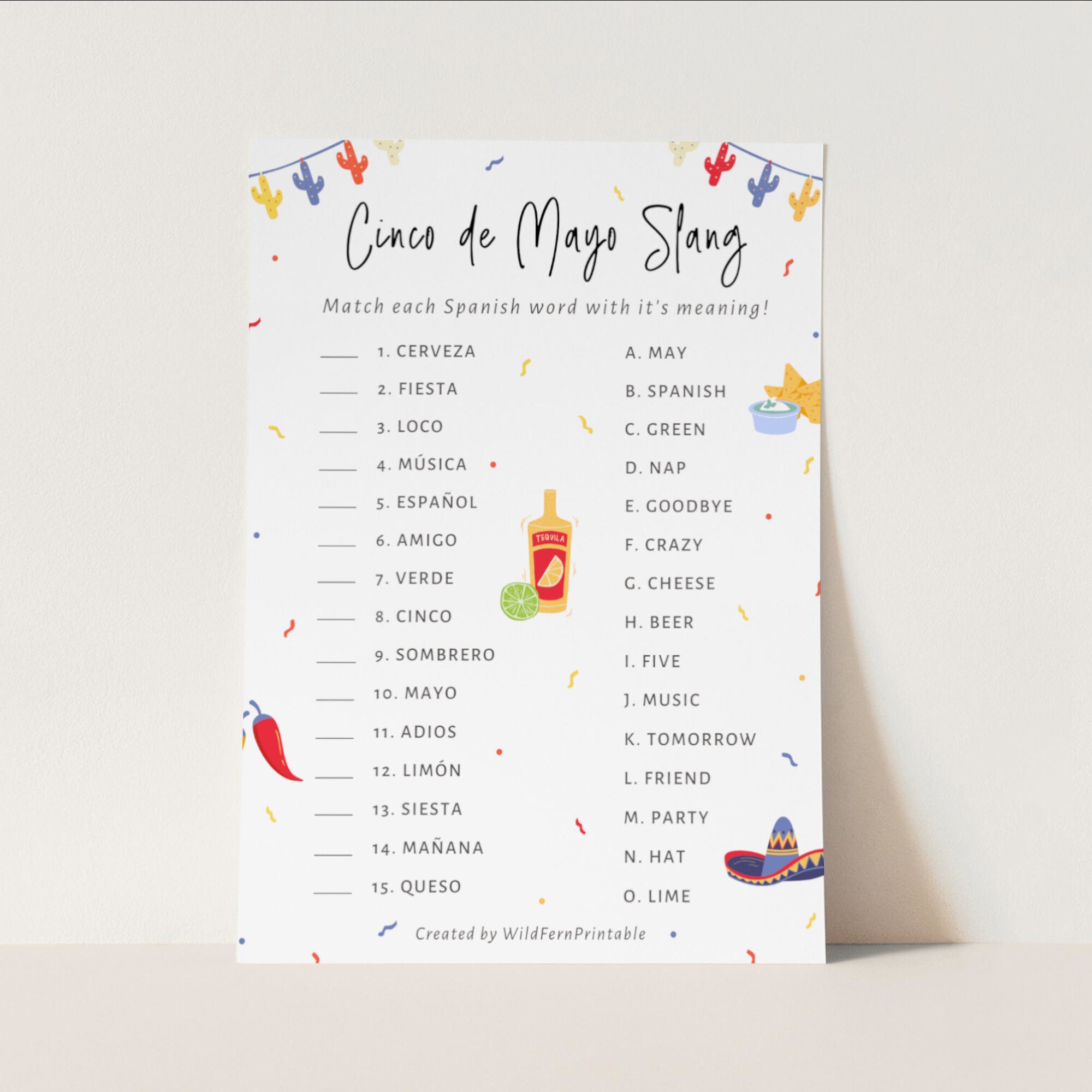 Cinco De Mayo Printable Game | Spanish Slang Word Match | Adult Mexican ...