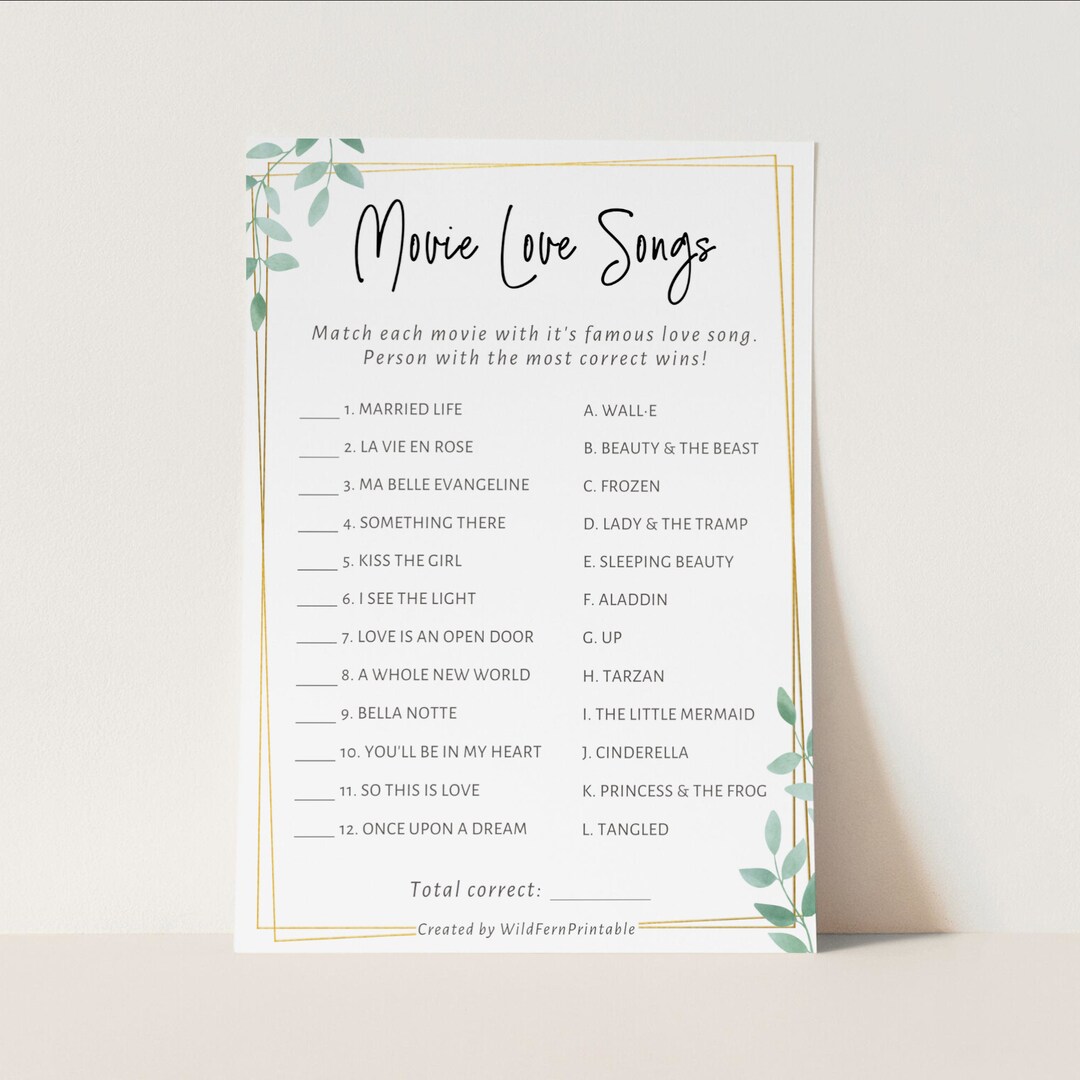 Movie Love Songs Printable Game Gold Greenery Wedding Trivia Geometric ...