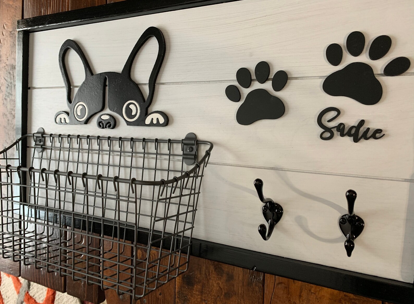 Boston Terrier Dog Leash Hook and Basket Sign Combo | Dog Organizer ...