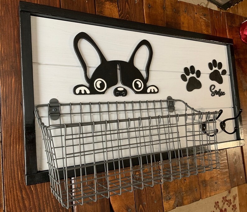 Boston Terrier Dog Leash Hook and Basket Sign Combo | Dog Organizer ...