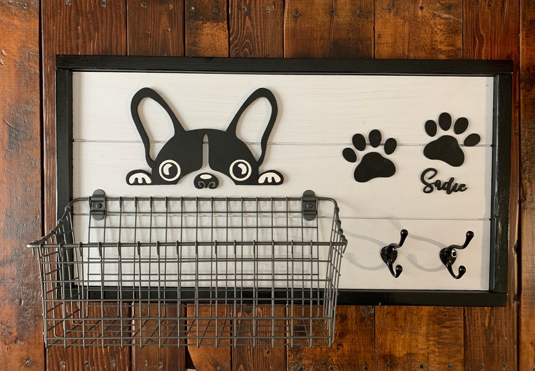 Boston Terrier Dog Leash Hook and Basket Sign Combo | Dog Organizer ...