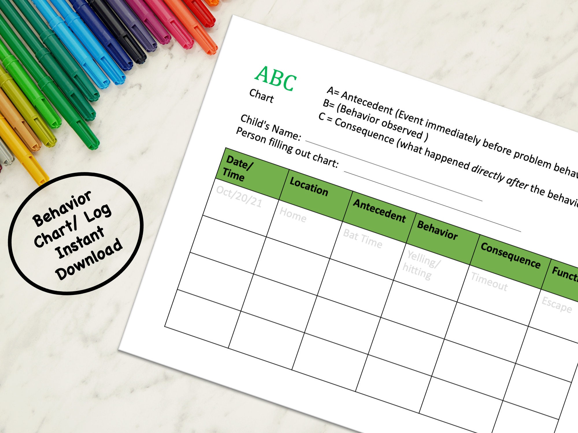 Behavior Log for Autistic Child, Behavior Chart for Autism, ABC Chart ...