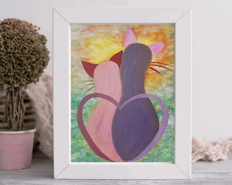 Cat Couple in Love, Printable Romantic Painting, Two Kitten Lovers With ...
