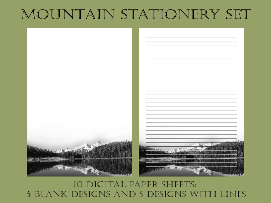 Mountain Stationery Set, Monochrome Digital and Printable Pack, Black ...