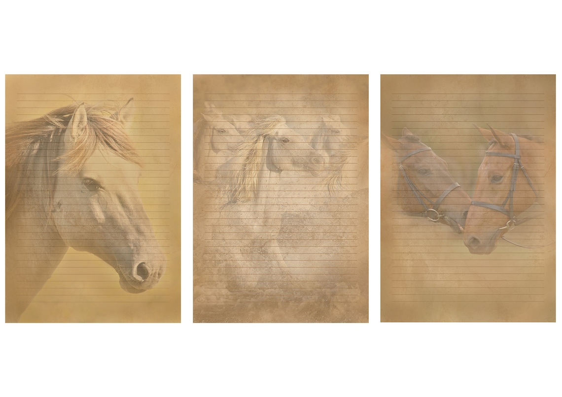 Vintage Horses Paper Sheets With Lines, Digital and Printable Retro ...