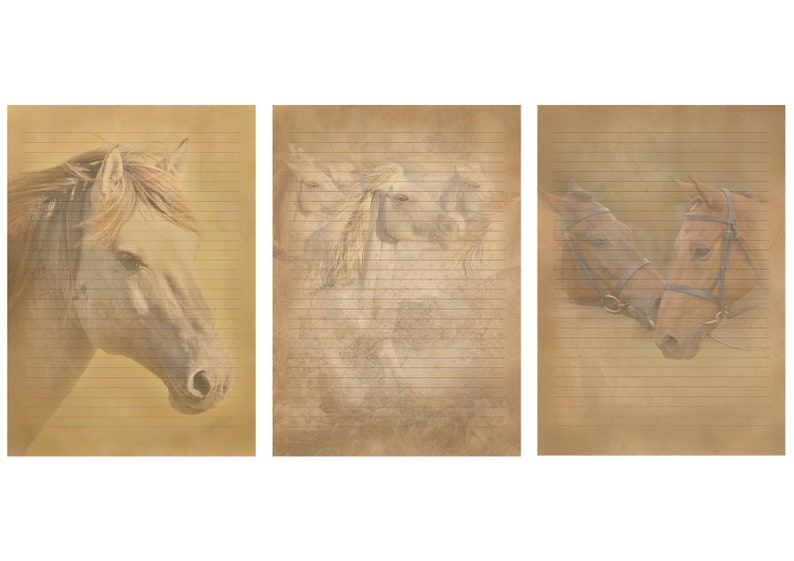Vintage Horses Paper Sheets With Lines, Digital and Printable Retro ...