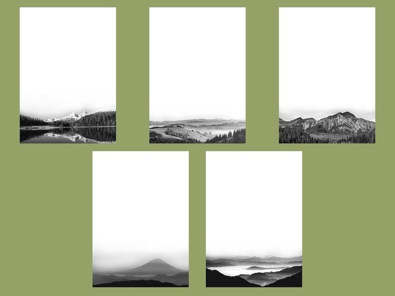 Mountain Stationery Set, Monochrome Digital and Printable Pack, Black ...