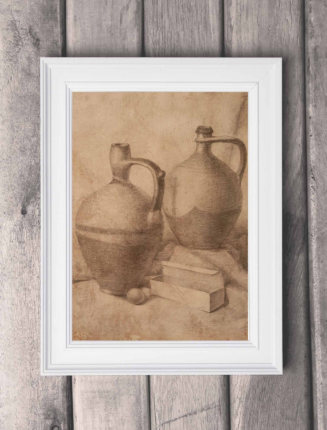 Vintage Pencil Graphic Drawing With Two Pitchers, Retro Printable Art ...