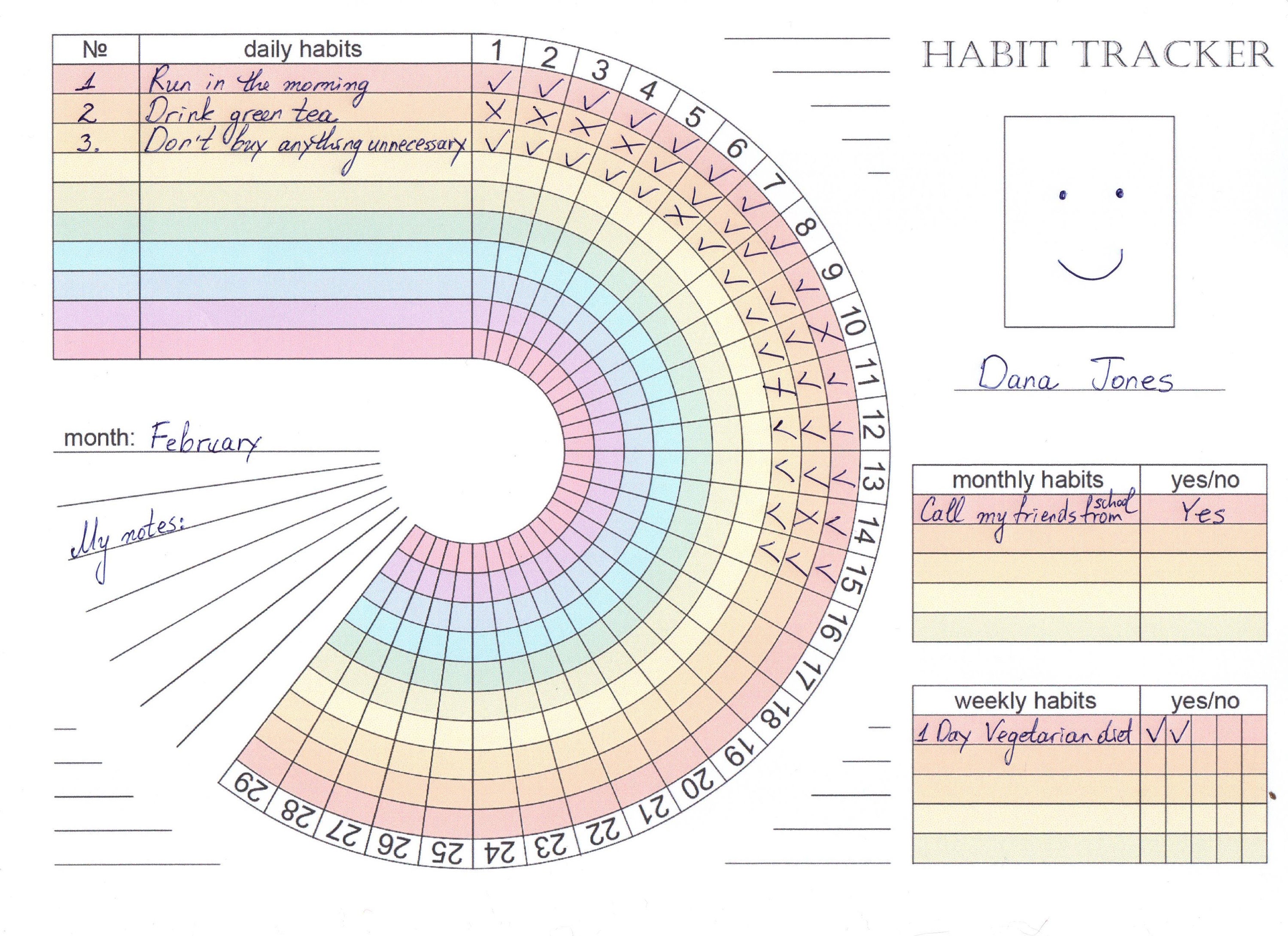 Printable Circle Habit Tracker With Rainbow Colours, Horizontal Layout ...