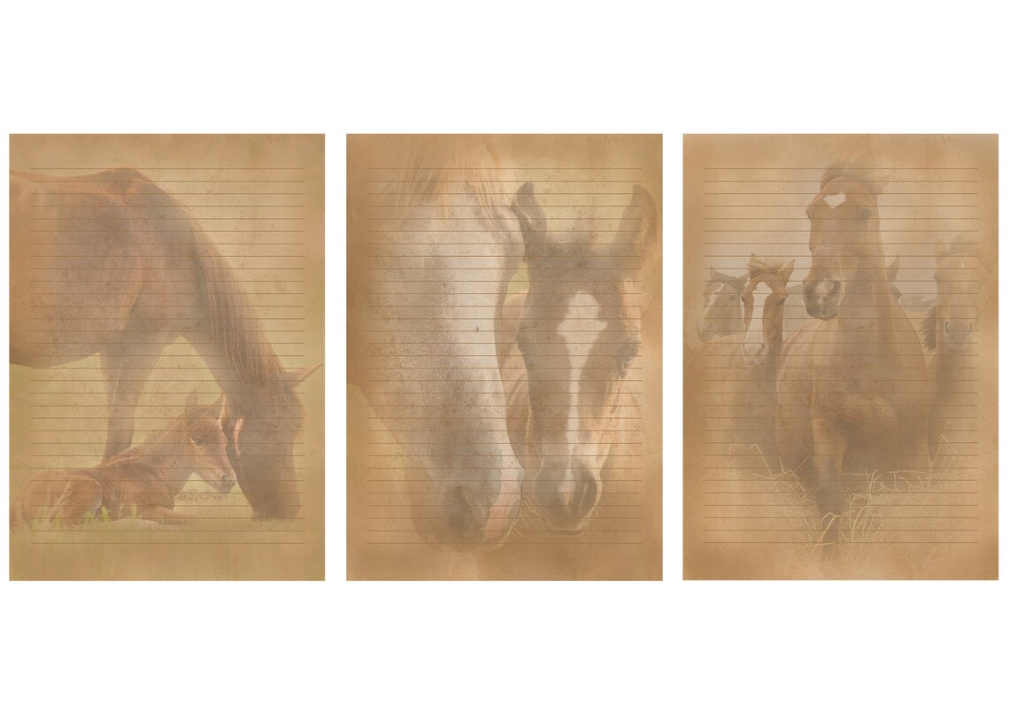 Vintage Horses Paper Sheets With Lines, Digital and Printable Retro ...