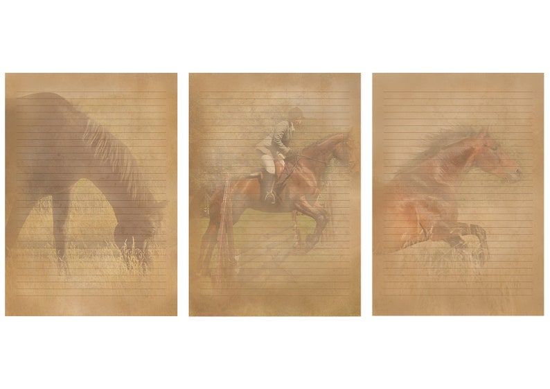 Vintage Horses Paper Sheets With Lines, Digital and Printable Retro ...