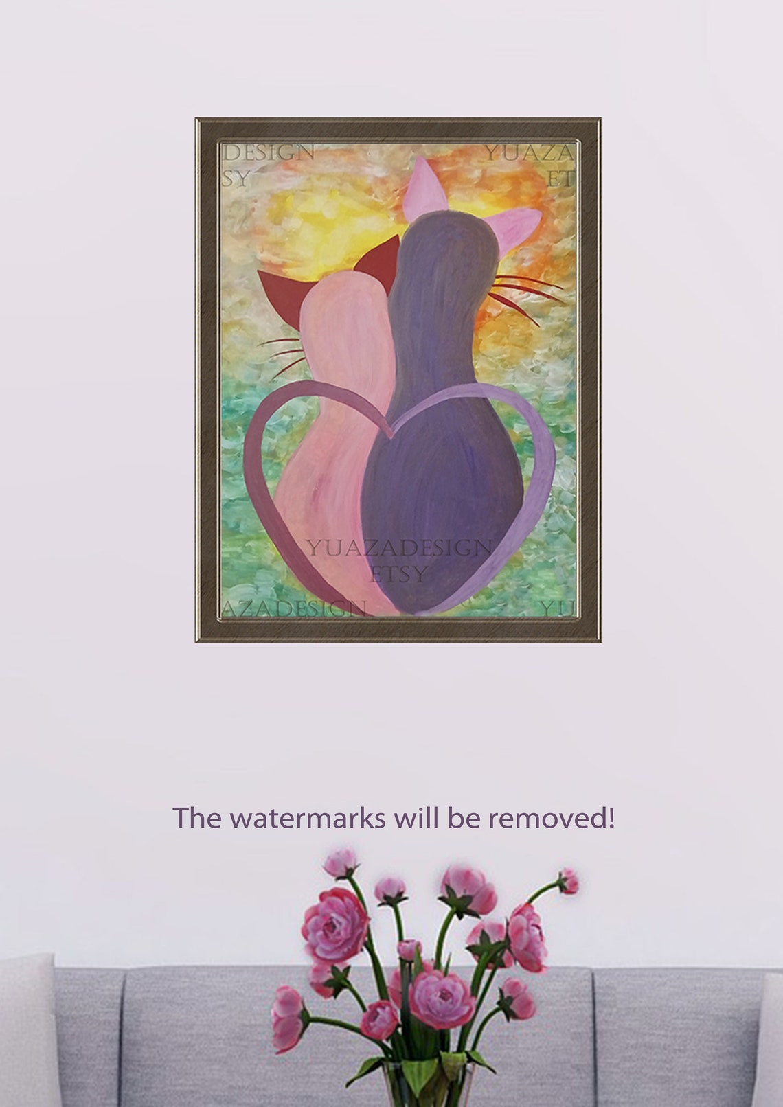 Cat Couple in Love, Printable Romantic Painting, Two Kitten Lovers With ...