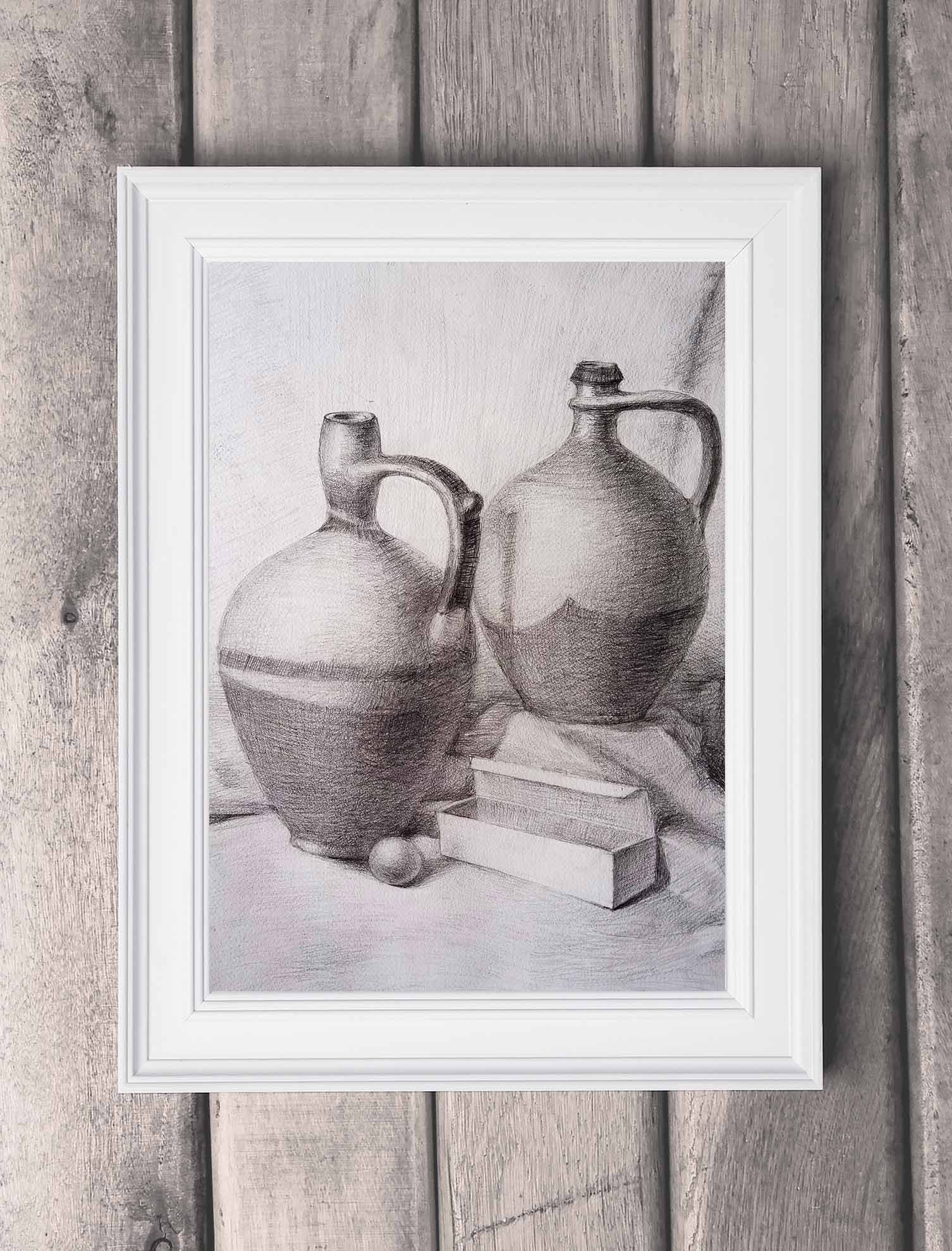 Pencil Graphic Drawing With Two Pitchers, Printable Black and White Art ...