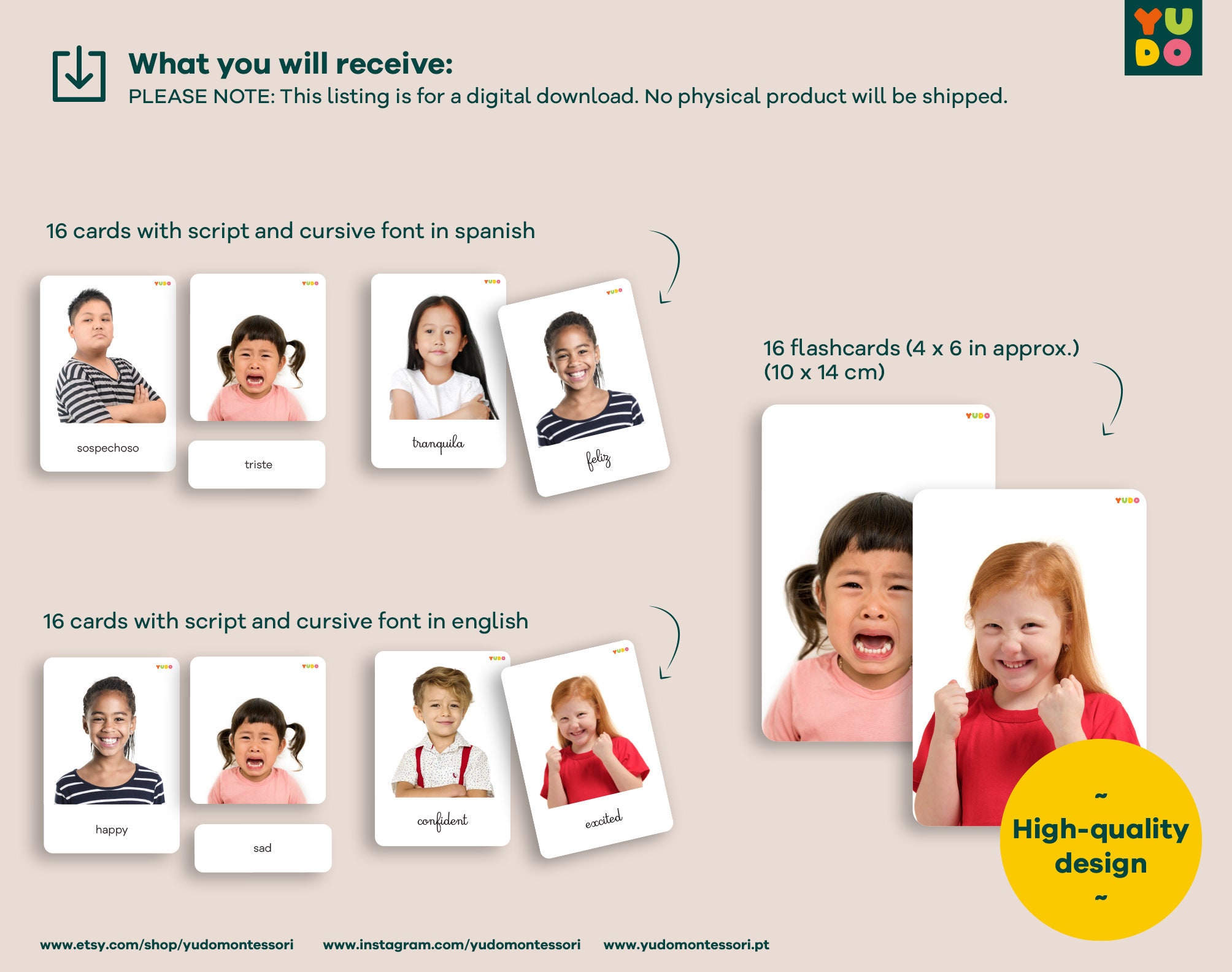 Emotions Cards in Spanish, Montessori Flashcards Feelings With Real ...