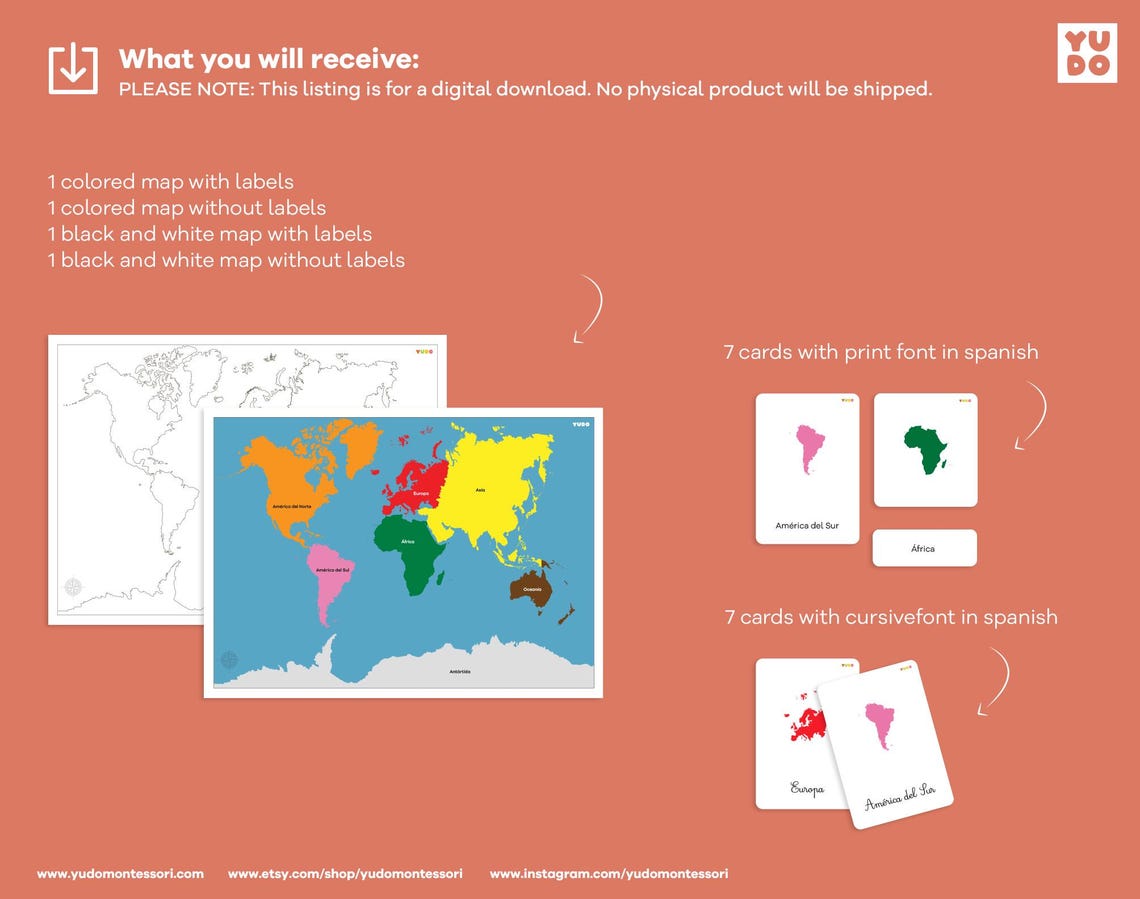 Continents Map of the World, Montessori Geography 3 Part Cards ...