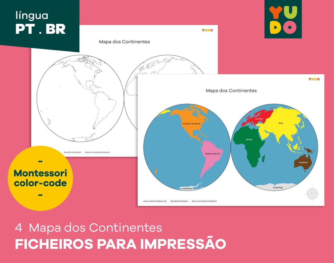 CONTINENTS MAP Hemisphere, Montessori Globe Color-code, World Map ...