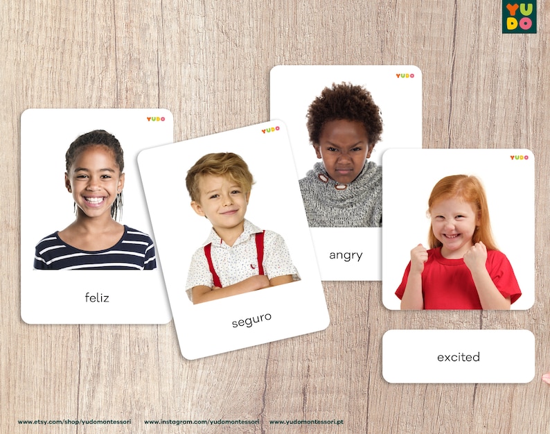 Emotions Cards in Spanish, Montessori Flashcards Feelings With Real ...