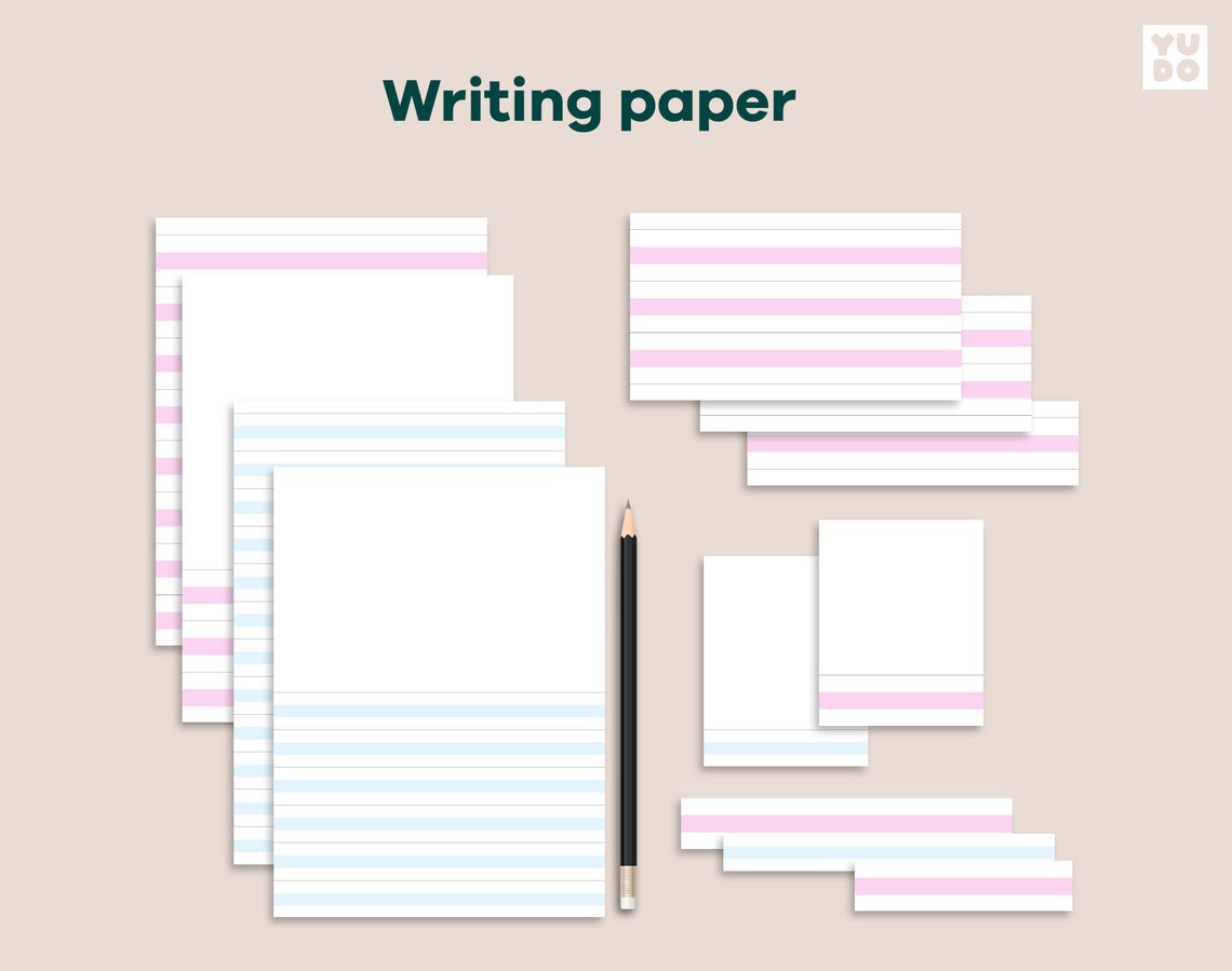 Montessori Writing Paper Bundle, Pink Wide-lined Paper, Blue Thin-lined ...