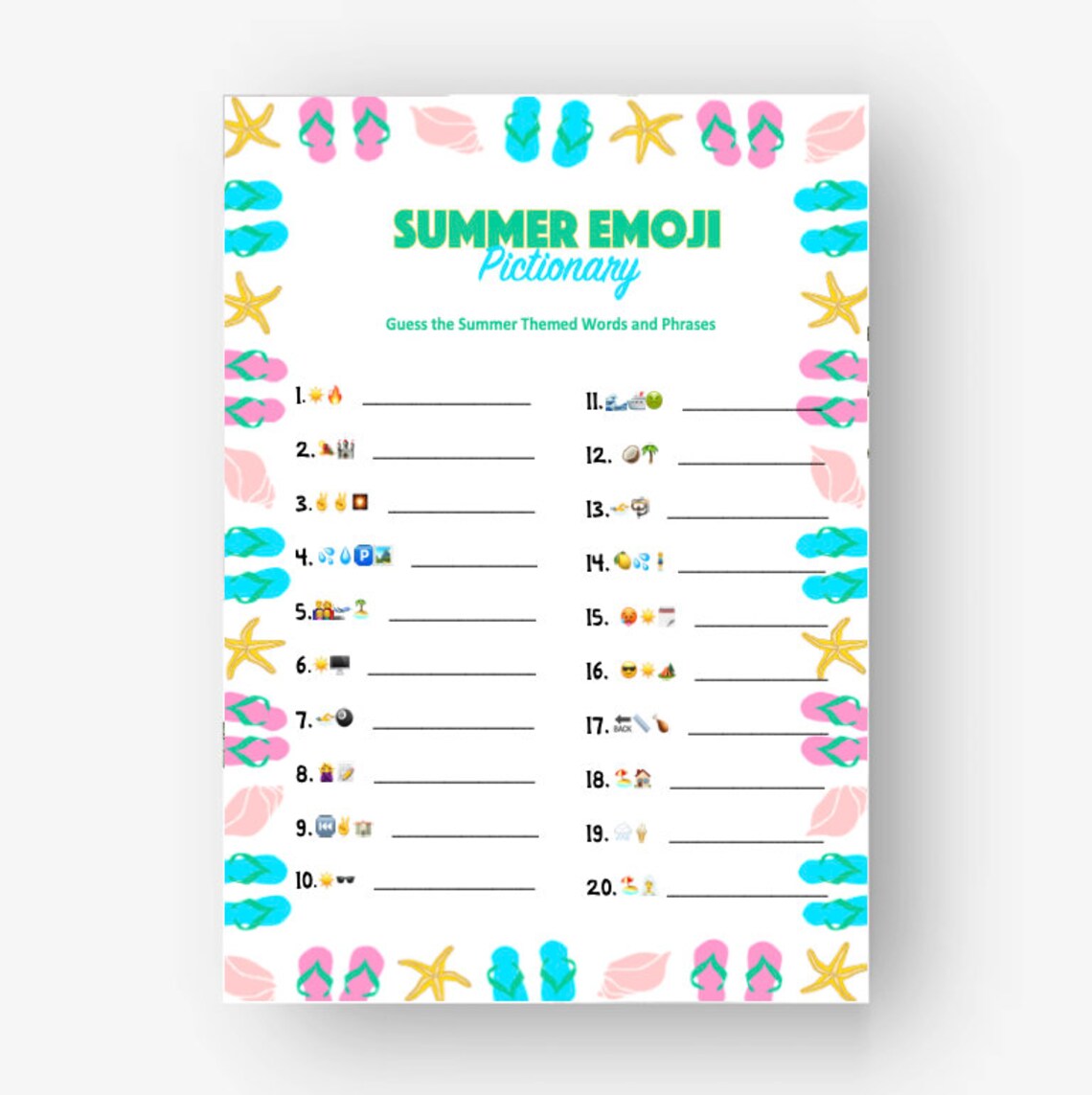Summer Emoji Pictionary Game, Summer Fun Games, Family Games, Printable ...
