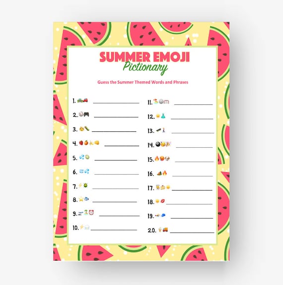 Summer Emoji Pictionary version2 Summer Fun Games Family - Etsy