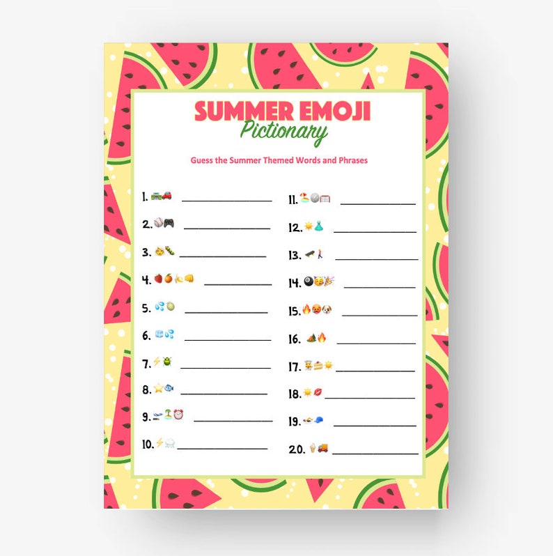 Summer Emoji Pictionary [version2], Summer Fun Games, Family Printable ...