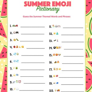 Summer Emoji Pictionary [version2], Summer Fun Games, Family Printable ...