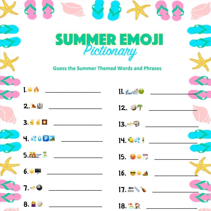 Summer Emoji Pictionary Game Summer Fun Games Family Games | Etsy