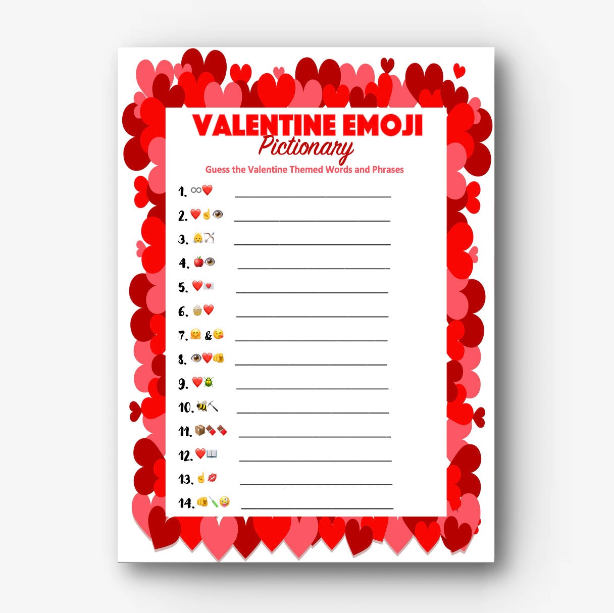 Valentine's Emoji Pictionary Game, Printable Valentine Games, Instant ...