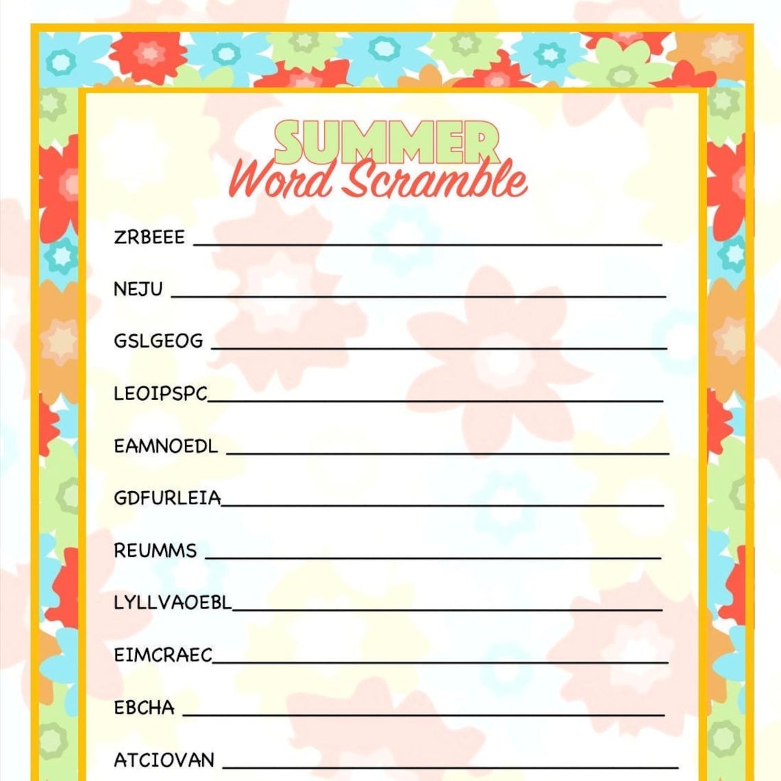 Summer Word Scramble Game, Summer Fun Games, Family Printable Games ...