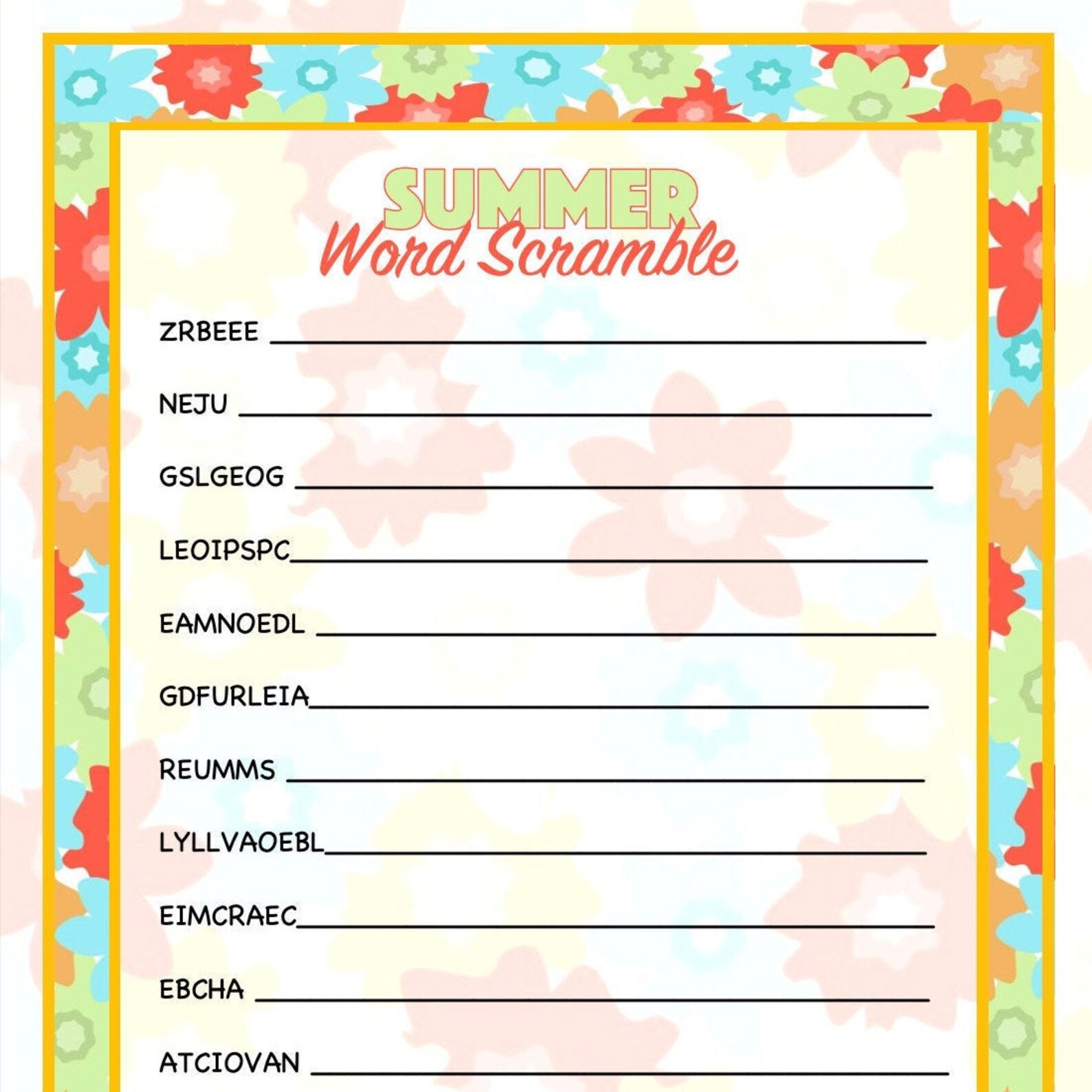 Summer Word Scramble Game, Summer Fun Games, Family Printable Games ...