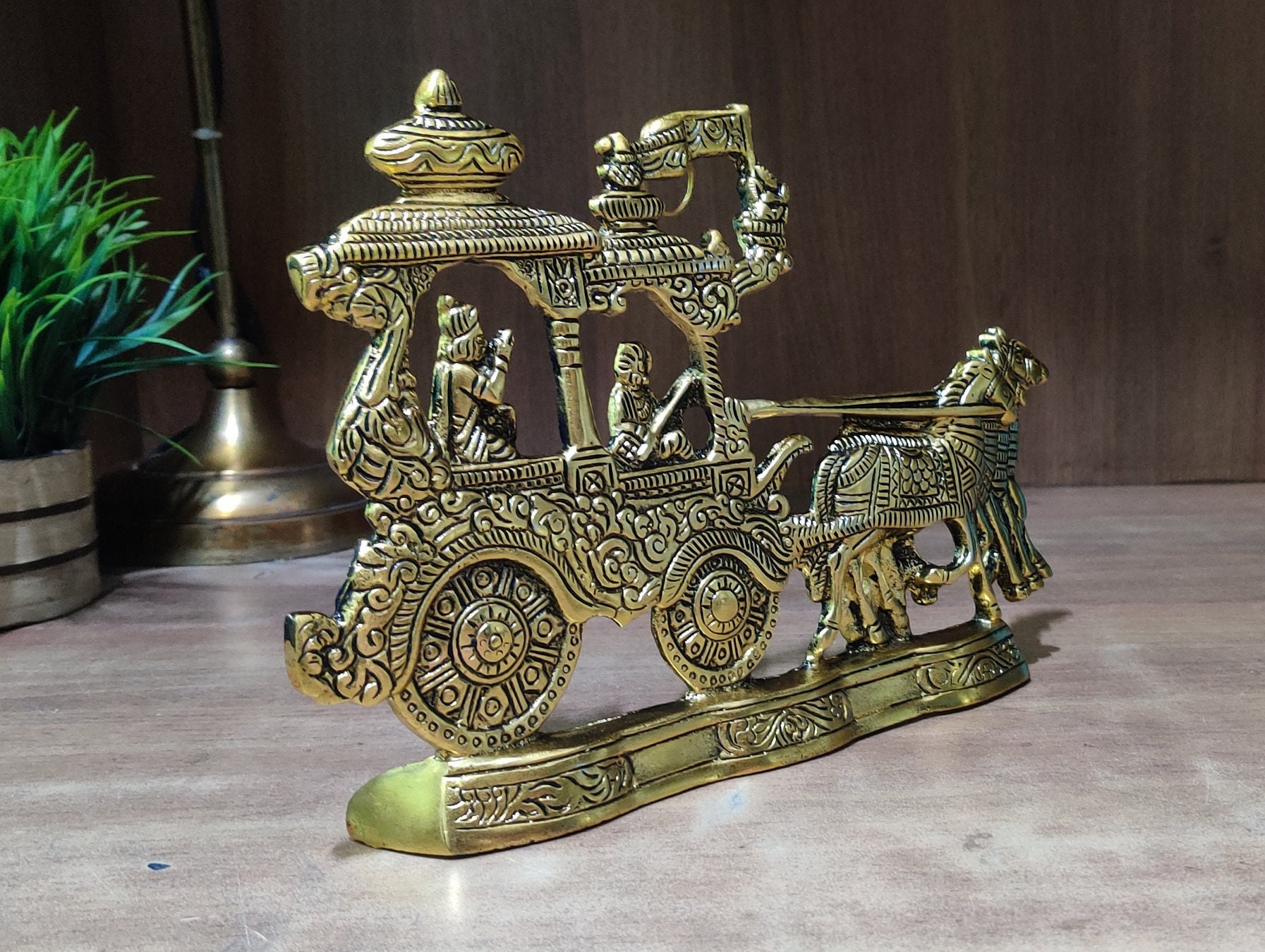 Neo Classic Gold Plated Lord Krishna and Arjun Rath Chariot With 4 ...